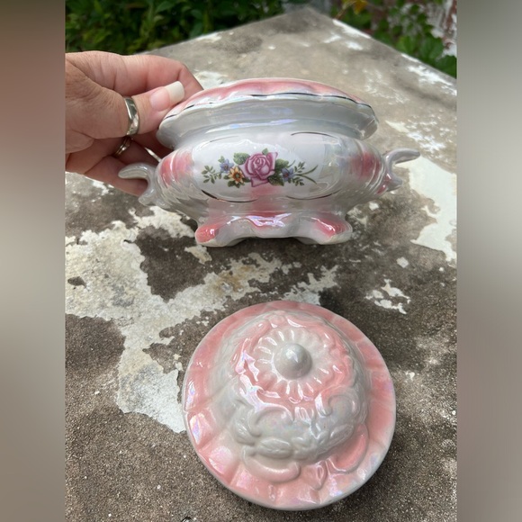 Accents | Vintage Lusterware Ceramic Bowl With Lid Pink White W Flowers ...
